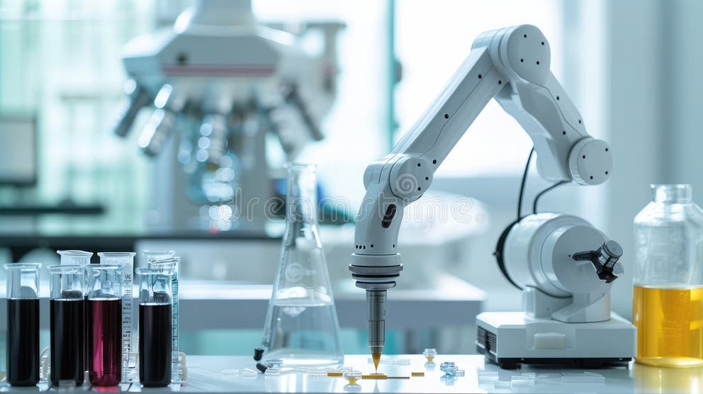 Robotic Arm in a Laboratory Setting, Performing Intricate Scientific ...