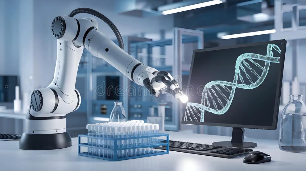 A Robotic Arm in a Laboratory Setting Points a Light Source at a ...