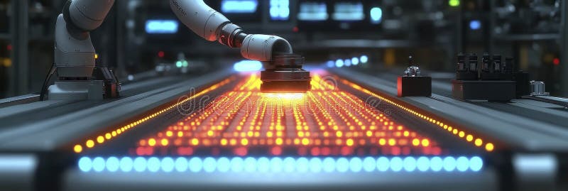 Robotic Arm on LED Conveyor Creating High-tech Circuits Stock ...