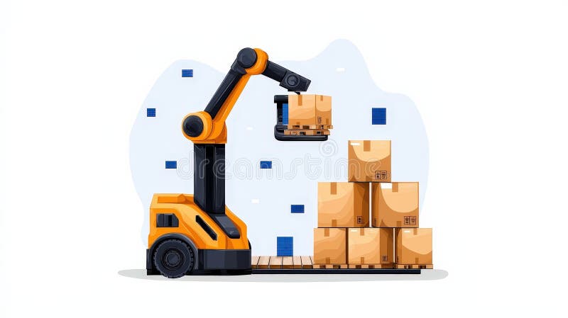 Robotic Arm Lifting Boxes on a Pallet with Stacked Cartons in Modern ...