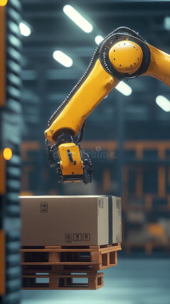 Robotic Arm Lifting a Pallet of Cardboard Boxes in a Warehouse Stock ...
