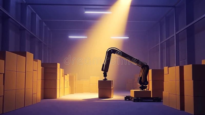 Robotic Arm in Warehouse with Boxes Bathed in Light Ready for ...