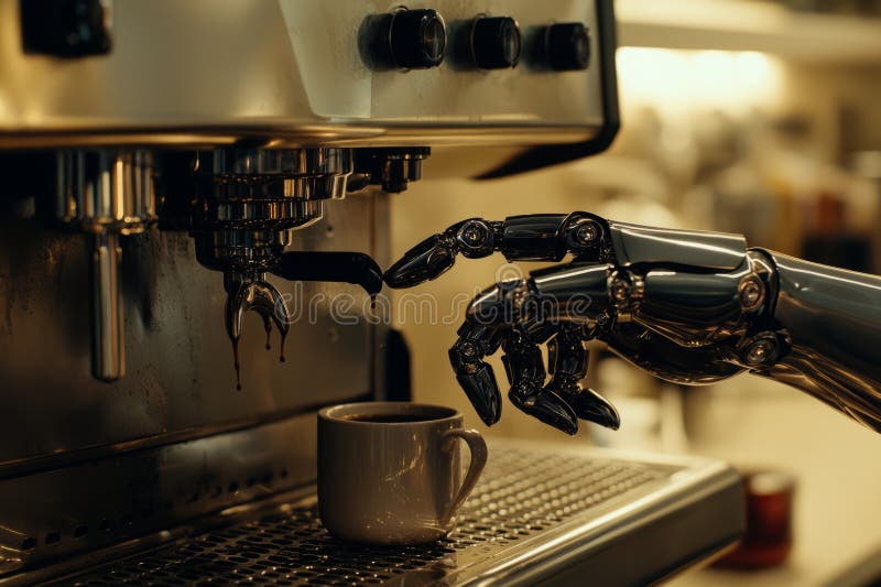 A Robotic Arm Makes Coffee Using a Professional Espresso Machine. Stock ...
