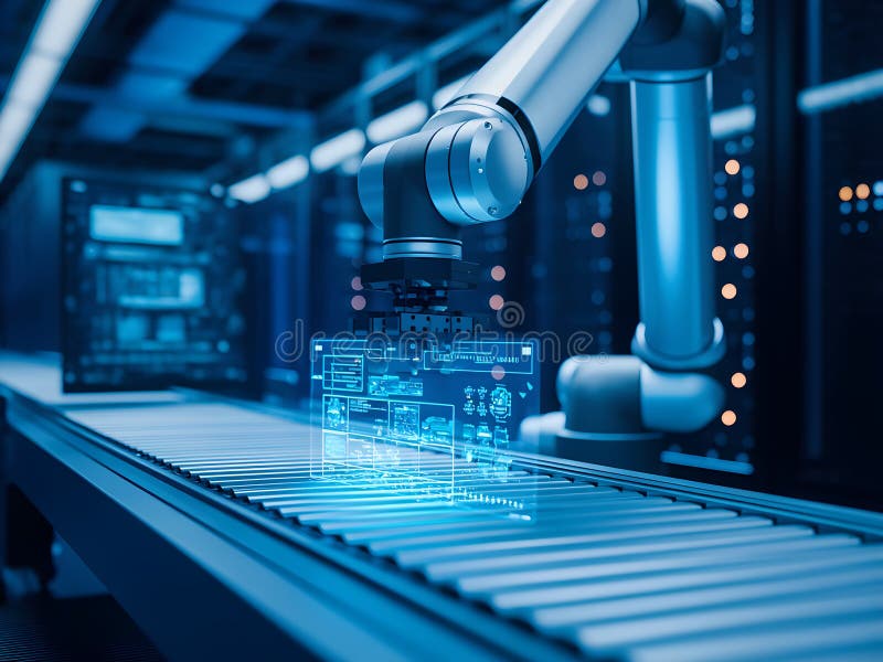 Robotic Arm Manipulates a Holographic Interface Over a Conveyor in a ...