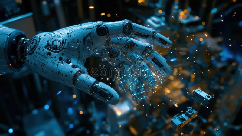 Robotic Arm Manipulating Digital Data in Futuristic Factory Setting ...