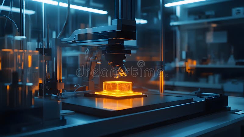 Robotic Arm Manipulating Glowing Cube in Futuristic Lab Stock ...