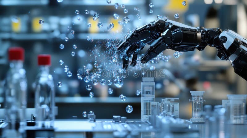 Robotic Arm Manipulating Water Droplets in Laboratory Setting Stock ...