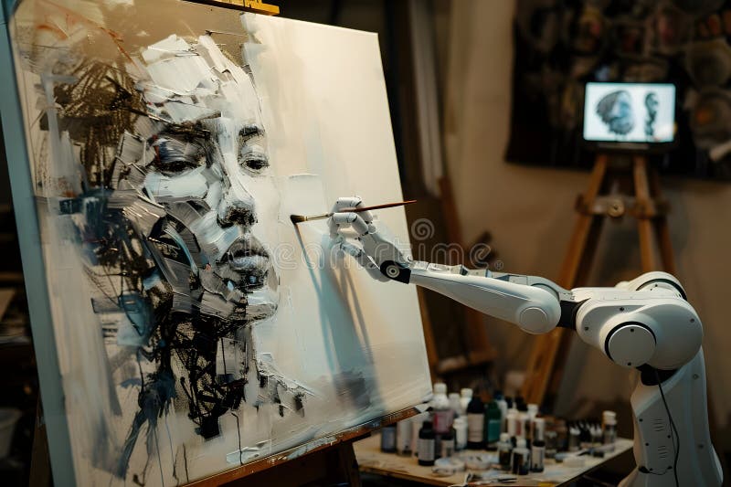 Robotic Arm Painting a Portrait on a Canvas Stock Illustration ...