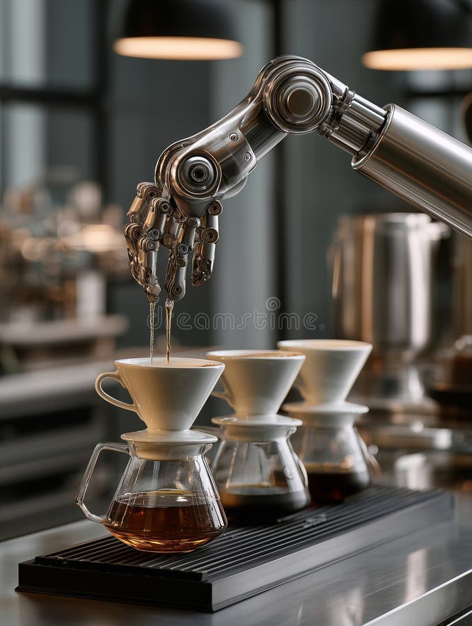 Innovative Coffee Brewing with Robotic Arm at a Modern Cafe Stock Image ...