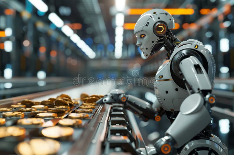 A Robotic Arm is Meticulously Sorting through Piles of Gold Coins on an ...