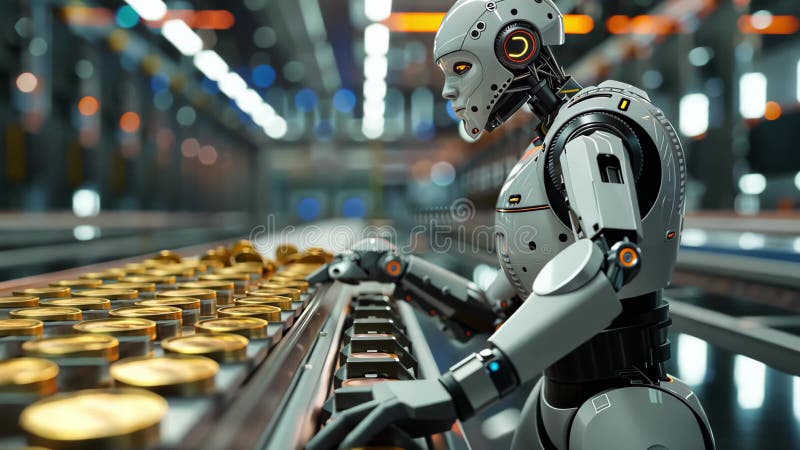 A Robotic Arm is Meticulously Sorting through Piles of Gold Coins on an ...