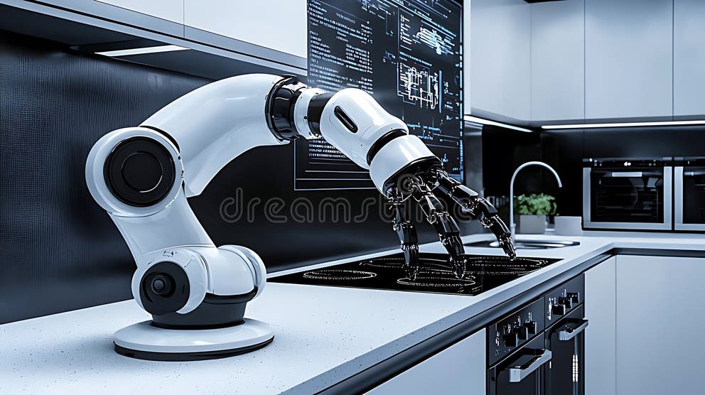 Robotic Arm in Modern Kitchen Cooking on a Stovetop Stock Illustration ...