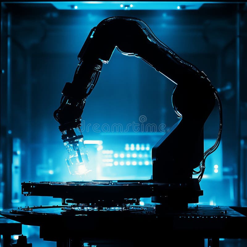 A Robotic Arm in a Modern Lab Setting, Illuminated by Blue Neon Lights ...