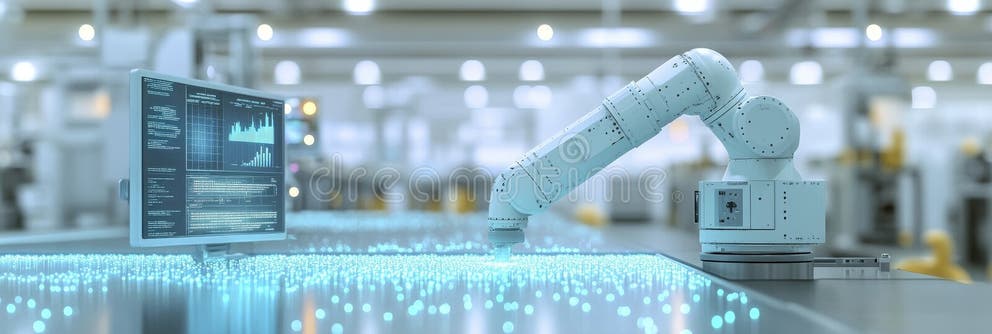 Robotic Arm Monitors Digital Data on Modern Screen Stock Illustration ...