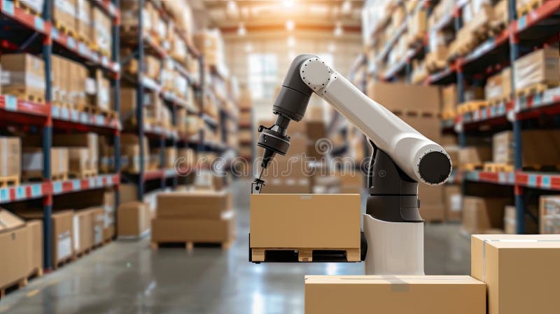 A Robotic Arm Moves a Box through a Warehouse, with Shelves Full of ...