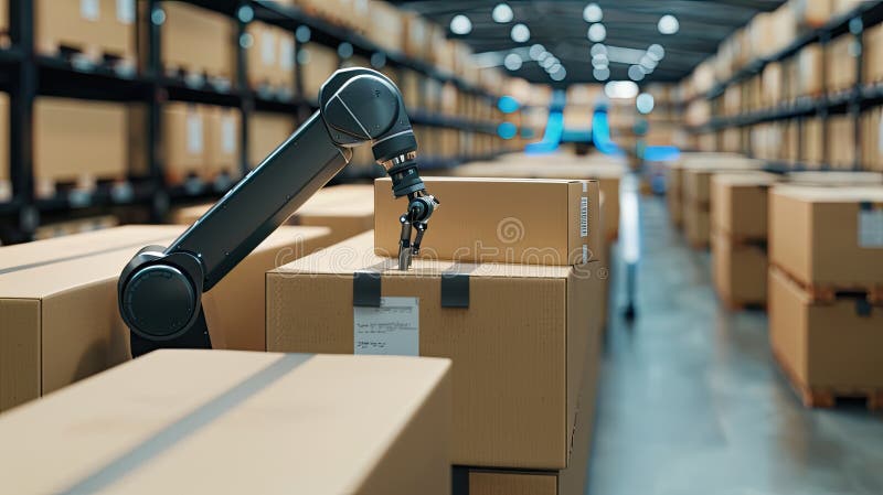 A Robotic Arm Moves a Box through a Warehouse, with Shelves Full of ...