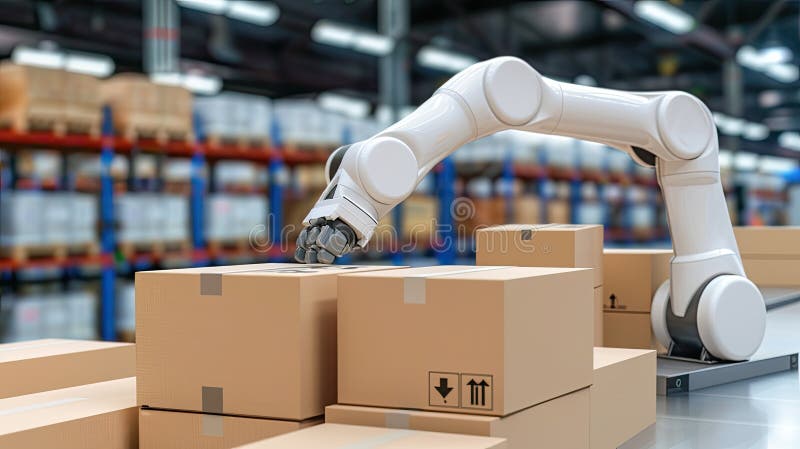 A Robotic Arm Moves a Box through a Warehouse, with Shelves Full of ...
