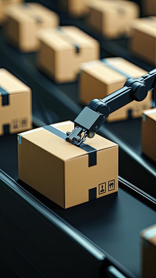 A Robotic Arm Moves a Box through a Warehouse, with Shelves Full of ...