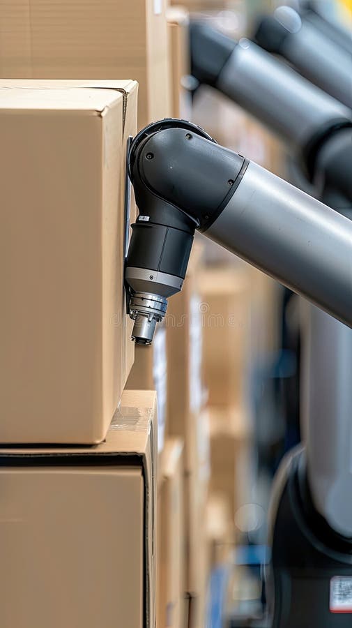 A Robotic Arm Moves a Box through a Warehouse, with Shelves Full of ...