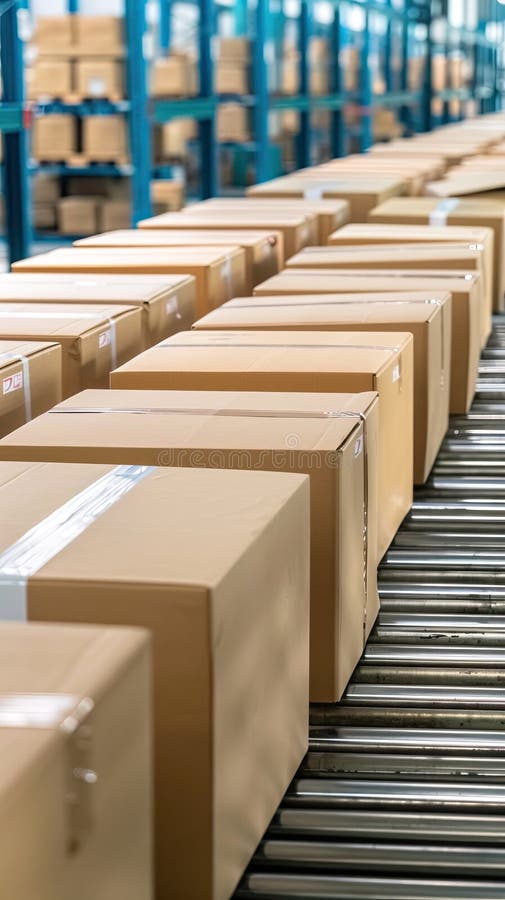 A Robotic Arm Moves a Box through a Warehouse, with Shelves Full of ...