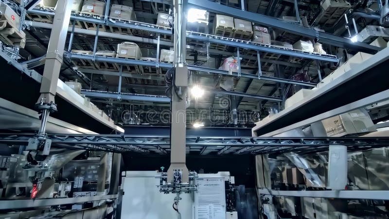 Robotic Arm Moving Products in Modern Automated Warehouse Stock Footage ...