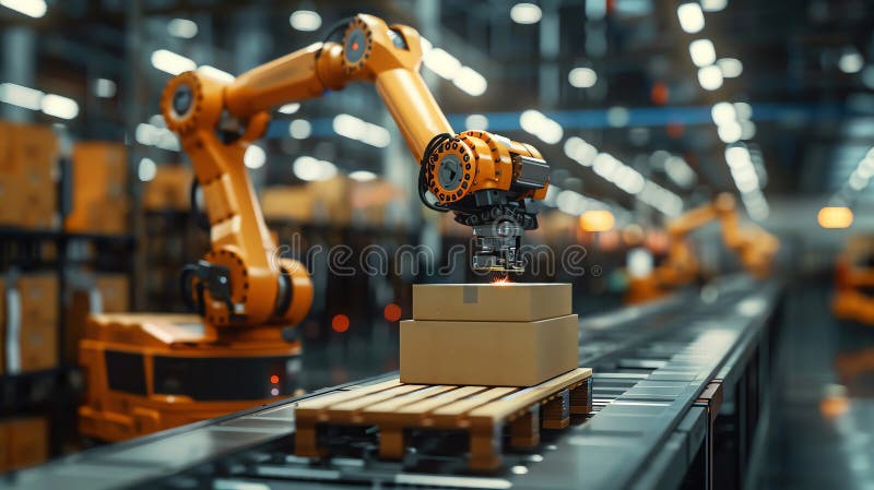 A Robotic Arm Operates on an Assembly Line, Loading Boxes Onto a Pallet ...