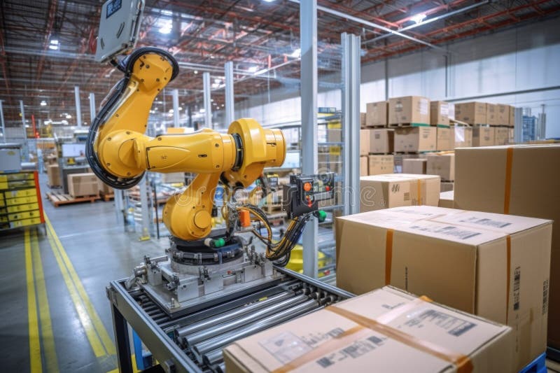 Robotic Arm Packaging Boxes at Dispatch Center Stock Image - Image of ...