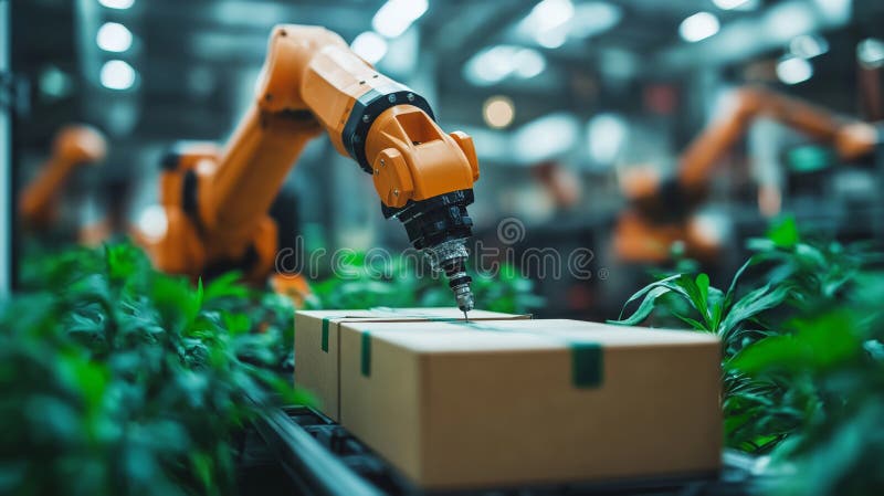 Robotic Arm Packaging Boxes in a Warehouse with Greenery Around Stock ...