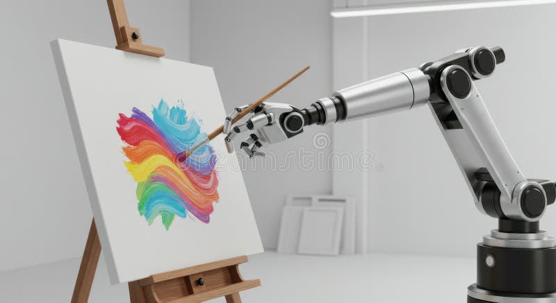Robotic Arm Painting Colorful Abstract Art on Canvas in Modern Studio ...