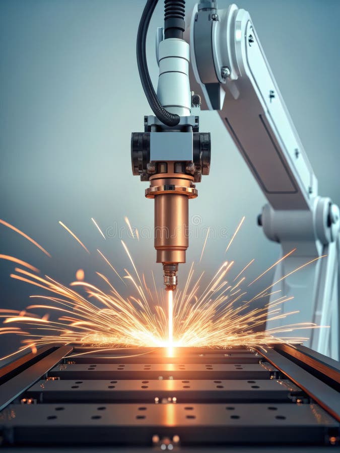 Robotic Arm Performing Laser Cutting Process, Creating Sparks in ...