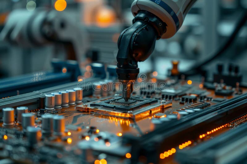 Robotic Arm Performing Precision Work on Electronic Circuit Board Stock ... Robotic Arm Performing Precision Work on Electronic Circuit Board Stock ...
