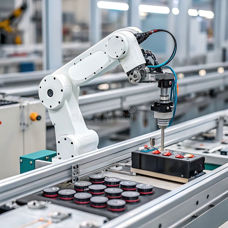 Robotic Arm Performing Precision Tasks on Assembly Line Surrounded by ...