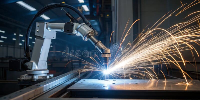 Robotic Arm Performs Welding with Sparks Flying in a Modern Industrial ...