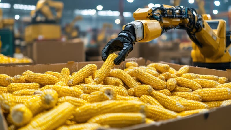 Robotic Arm Picking Fresh Yellow Corn from Large Delivery Box in Busy ...