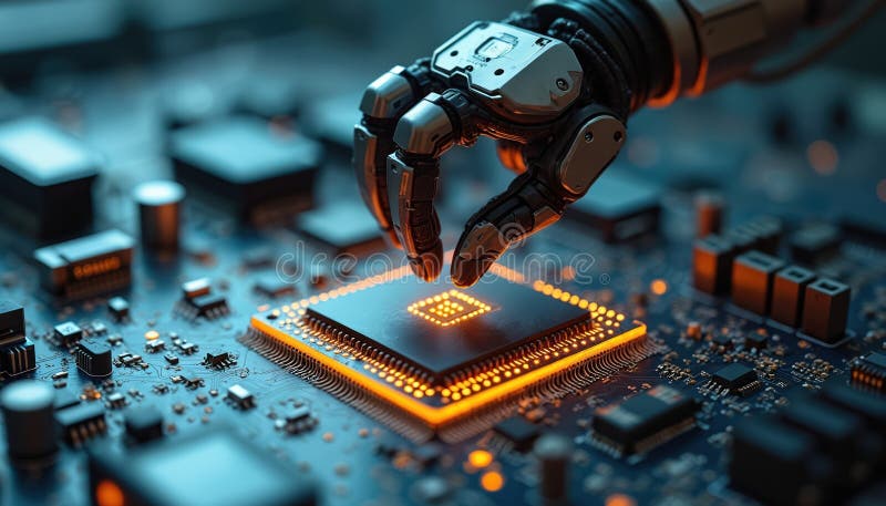 Robotic Arm Places Microchip on Motherboard Circuit Board. CPU ...