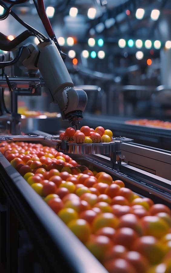 Robotic Arm Placing Ingredients on a Conveyor Belt in a Food Processing ...