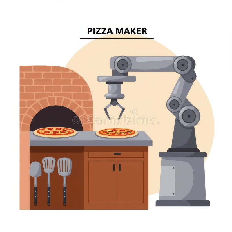 Robotic Arm Placing Pizza in Brick Oven Stock Illustration ...