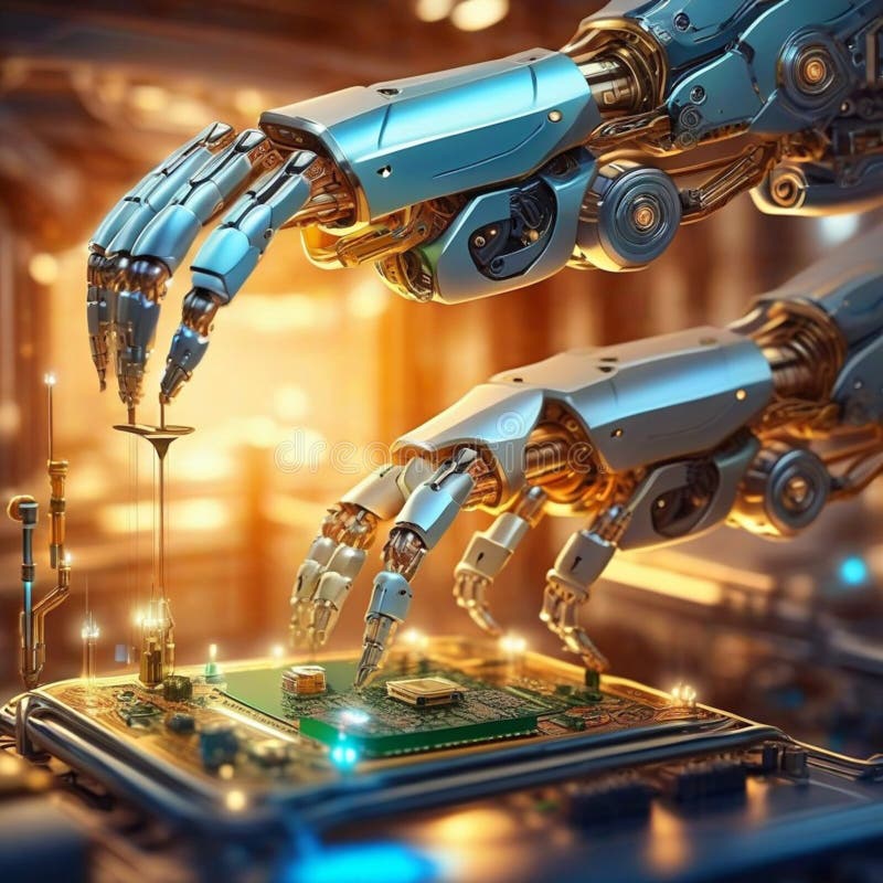 A Robotic Arm Precisely Assembling Components on a Circuit Board Stock ...
