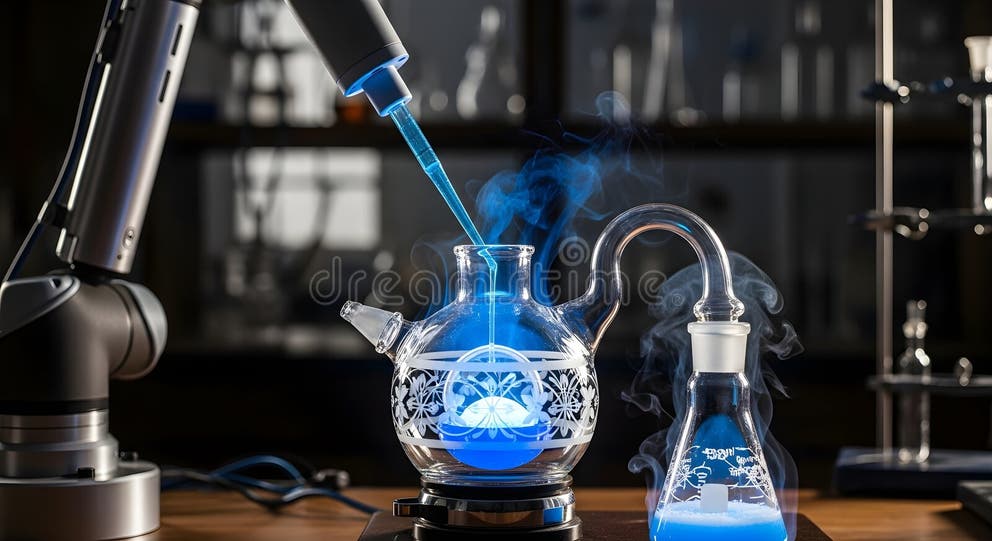 Robotic Arm Precisely Dispenses Blue Liquid into Ornate Flask, Creating ...