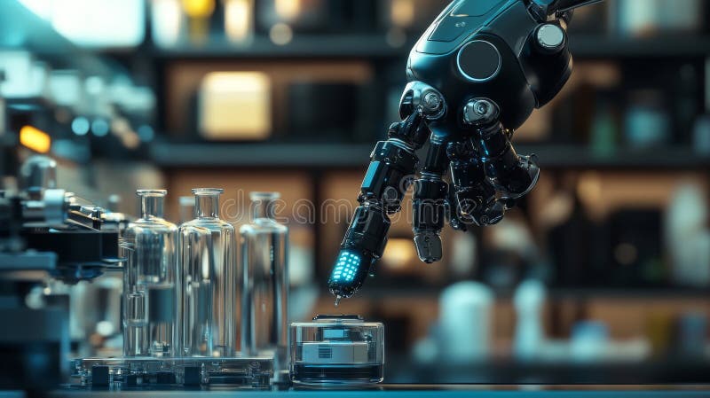 Robotic Arm Precisely Handling Glass Bottles in a Modern Laboratory ...