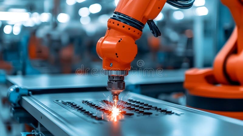 Robotic Arm Precisely Laser Cutting Metal Sheet with Bright Sparks in ...