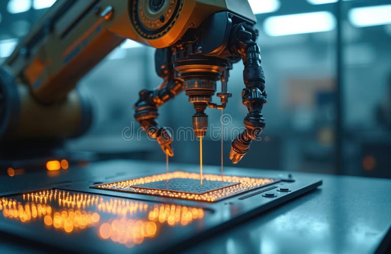 Robotic Arm Precisely Placing Components Semiconductor Manufacturing. High-tech Facility ...