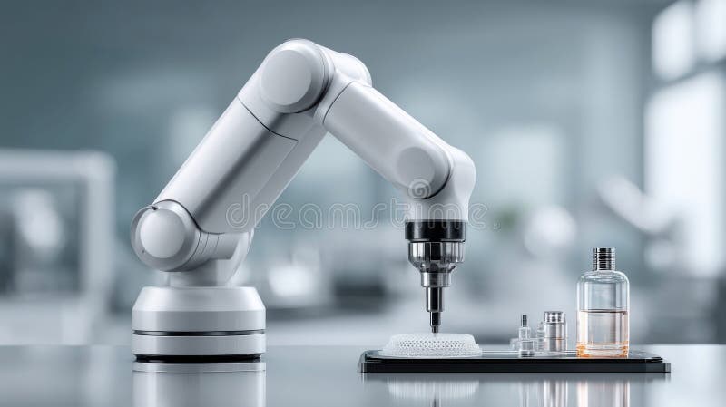 A Robotic Arm Precisely Working on a Product in a Modern and Clean ...