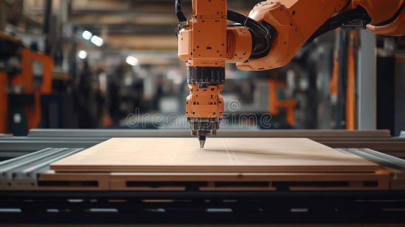 Robotic Arm Precision Cutting Wood Panel in Factory Stock Illustration ...