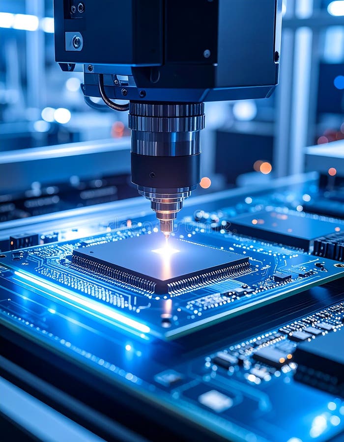 Robotic Arm Precision-works on Glowing Microchip on Circuit Board, Symbolizing Advanced ...