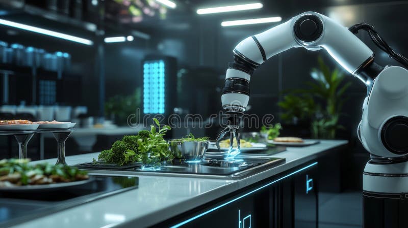 Robotic Arm Preparing Food in Modern Kitchen Stock Illustration ...