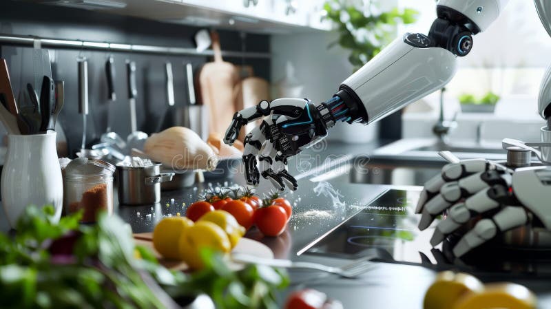 Robotic Arm Preparing Vegetables in a Modern Kitchen. Advanced Culinary ...