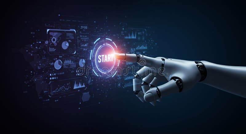 Robot Hand Activating Start Button on Digital Interface Display Panel ...