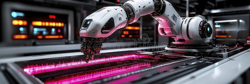 Robotic Arm Processes Circuit Board with Neon Glow Stock Illustration ...
