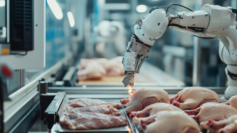 Robotic Arm Processing Raw Chicken in a Factory Stock Illustration ...